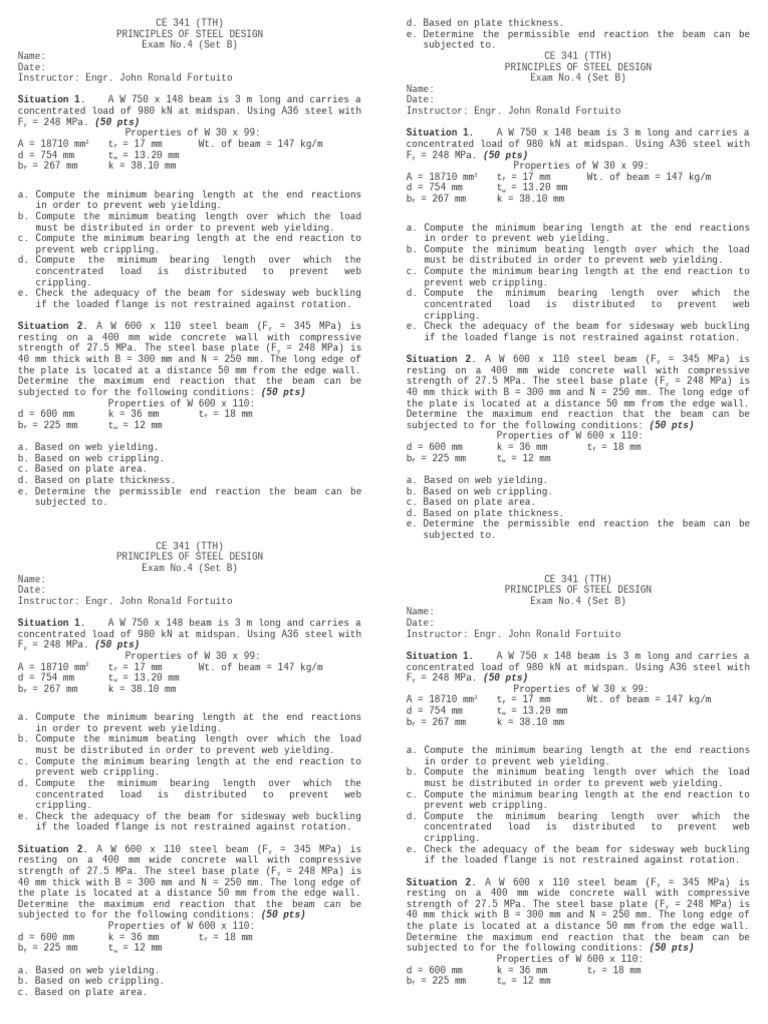 Steel Design Exam No. 4 SET B TTH | PDF | Beam (Structure) | Buckling