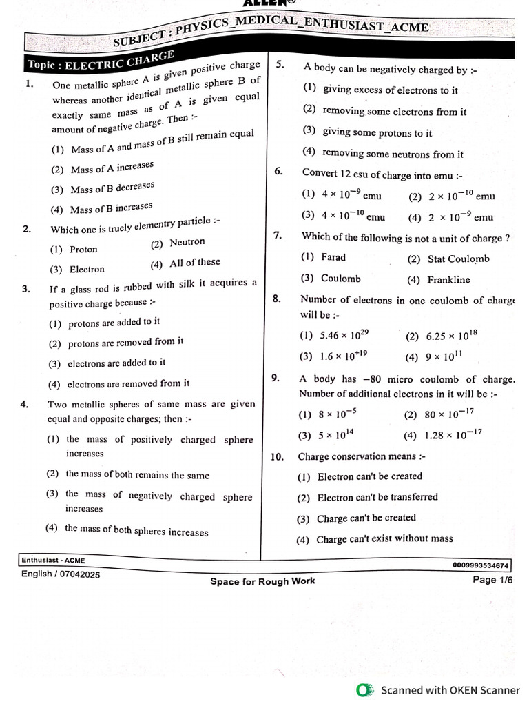 Electrostatic 01 - Charge - PSC - Sir | PDF