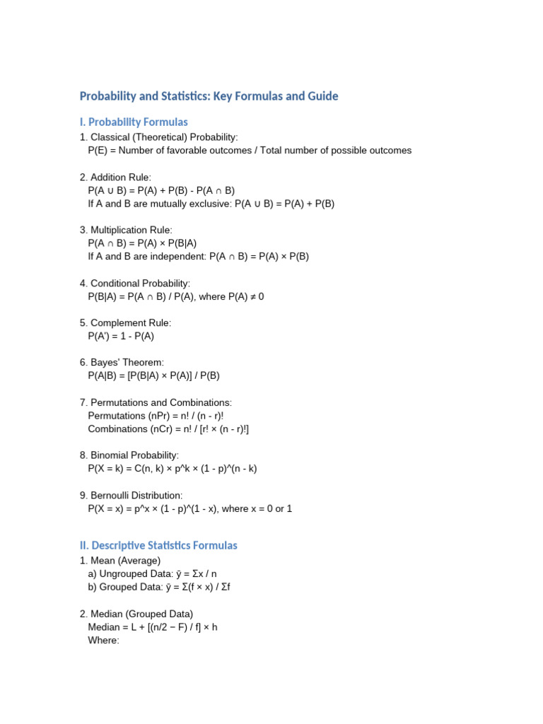 Probability Statistics Formulas Guide | PDF