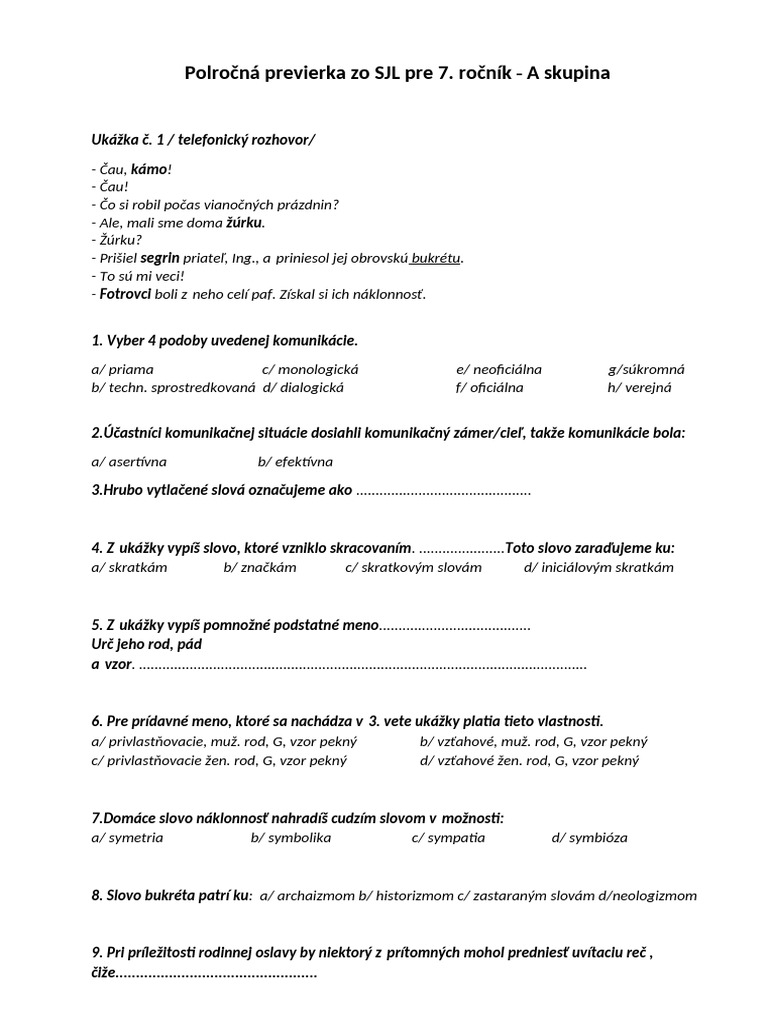 Polrocna Previerka Zo SJL Pre 7. Rocnik | PDF