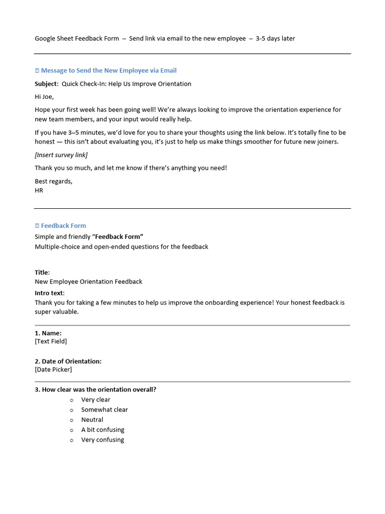 New Employee Orientation Feedback Form | PDF | Human Communication | Communication