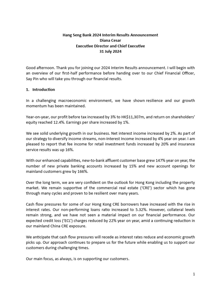 Hang Seng Bank 2024 Interim Results Summary | PDF | Investing | Interest