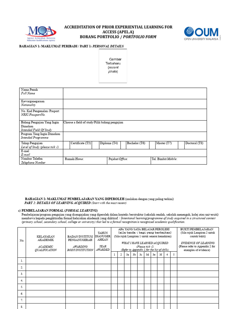 APEL.A Portfolio Template OUM (Versi - Jul2024) | PDF | Skill | Knowledge