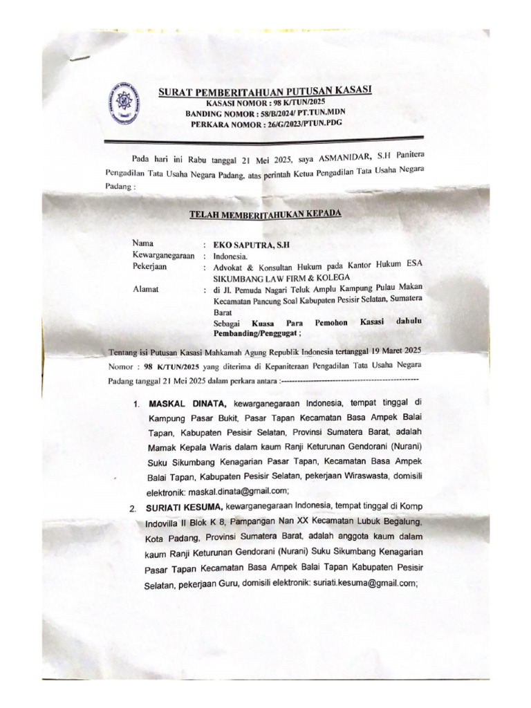 Surat Pemberitahuan Putusan Kasasi | PDF