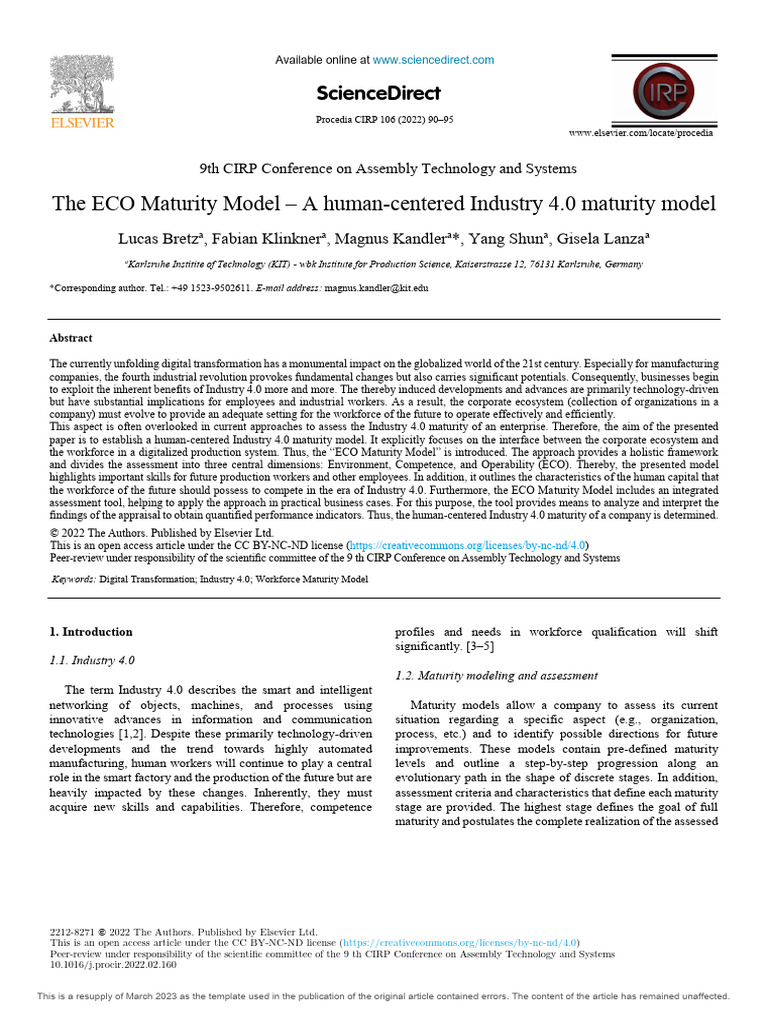 The ECO Maturity Model - A Human-Centered Industry 4.0 Maturity Model ...