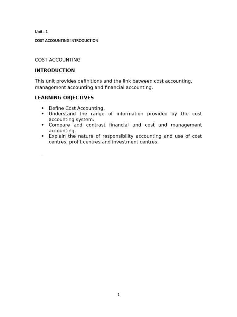 Unit 1 Cost Accounting Introduction | PDF | Financial Accounting | Cost Accounting