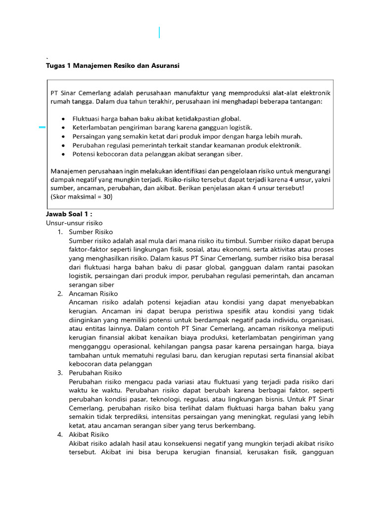 Tugas 1 - Manajemen Risiko Dan Asuransi | PDF