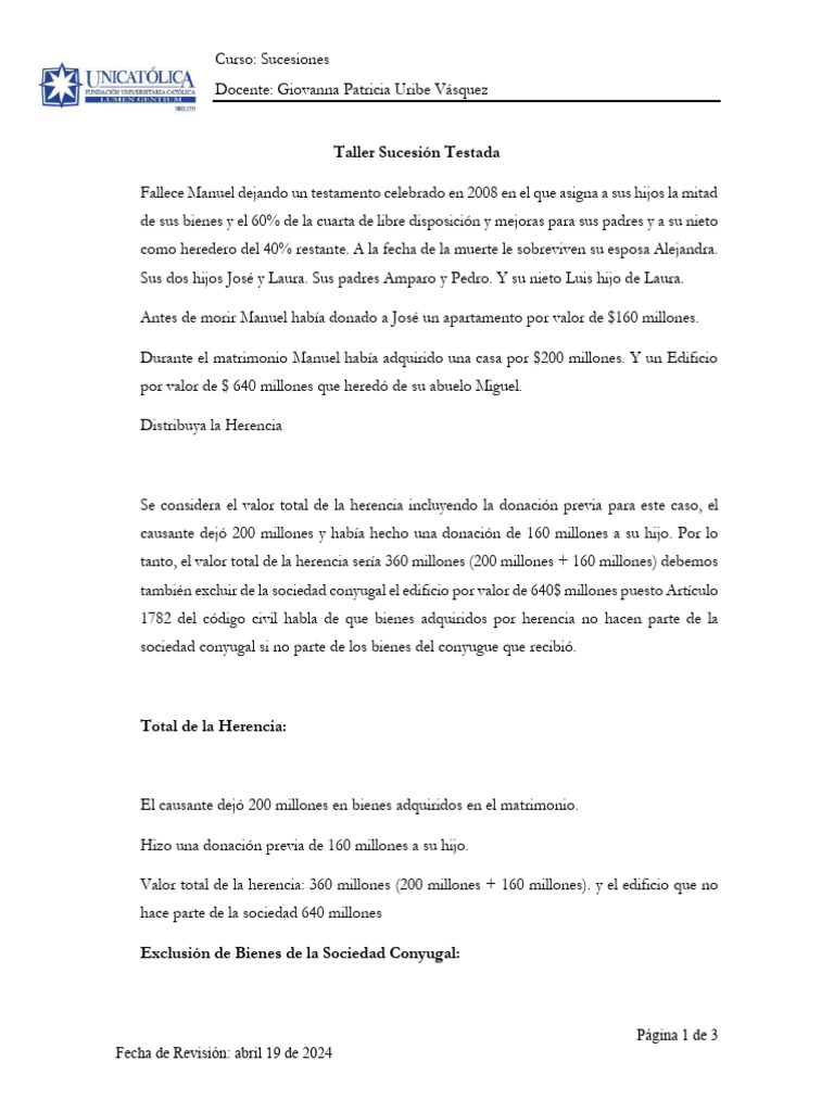 Taller Sucesión Testada | PDF | Herencia | Parentesco y descenso