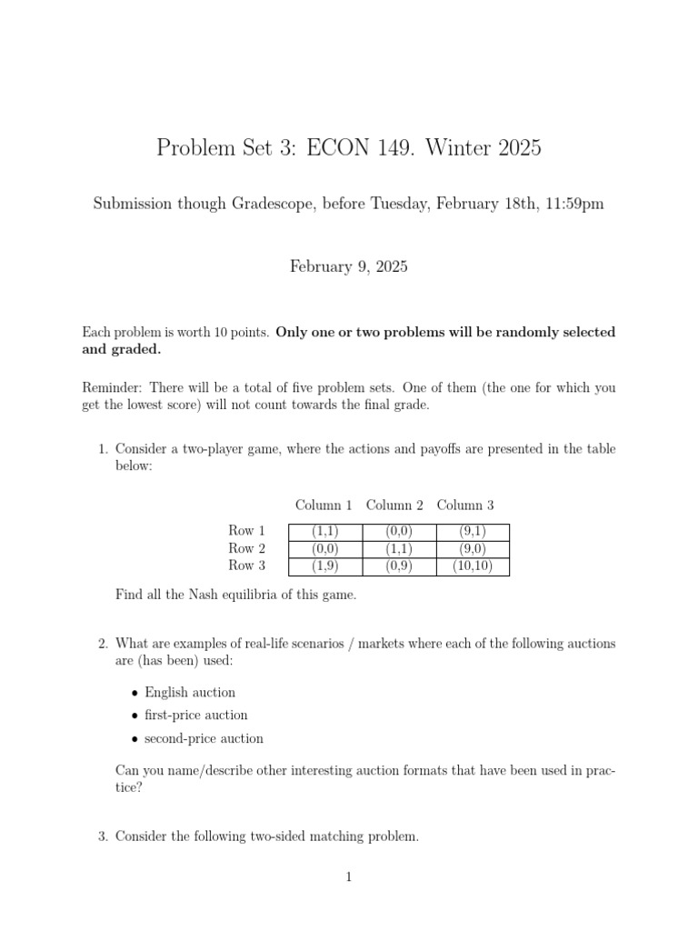 Problem Set 3 - ECON 149 WI25 250218 210248 | PDF | Economic Theories | Game Theory