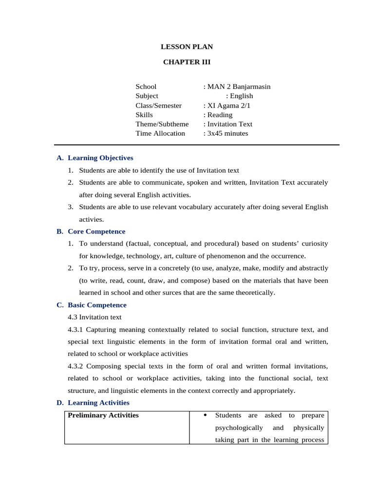 1st Lesson Plan - Invitation Text | PDF | Vocabulary | English Language