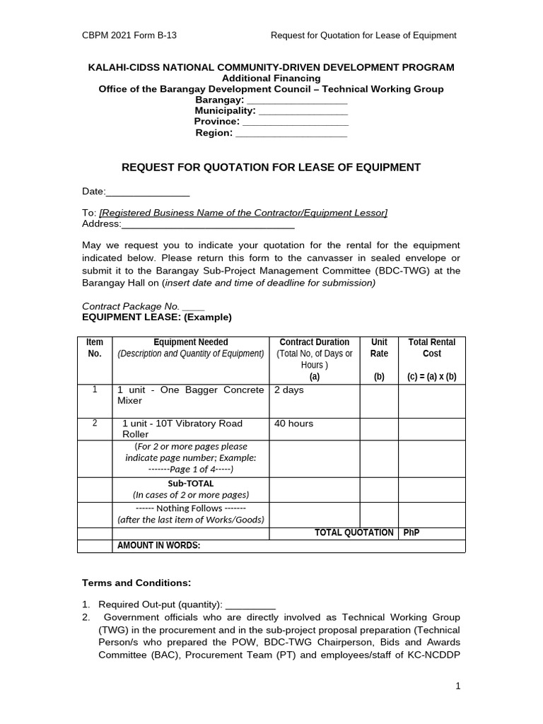 CBPM 2021 Form B-13 - Request For Quotation For Lease of Equipment ...