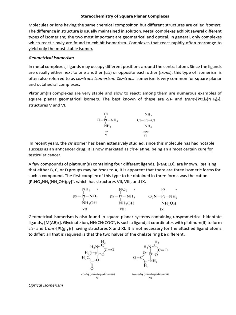 Stereochemistry of Square Planar Complexes | PDF | Coordination Complex ...