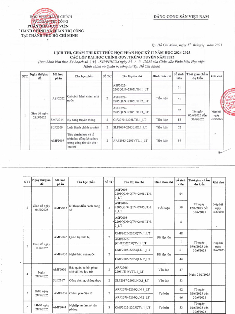 Lịch Thi HKII Khóa 22 | PDF