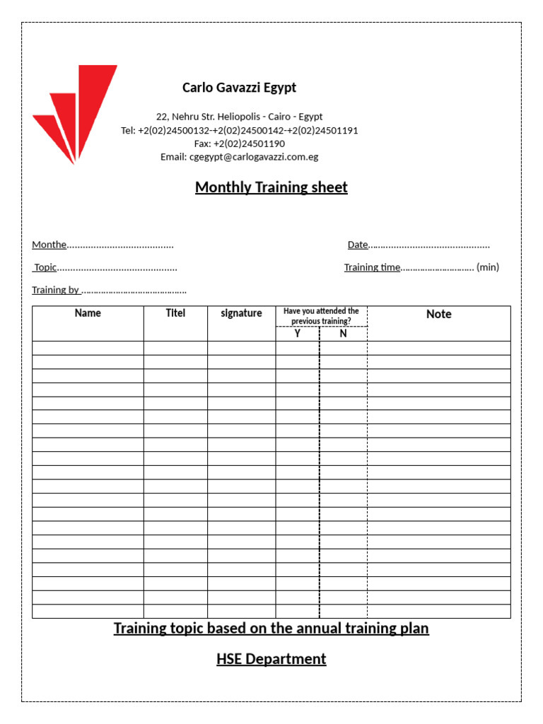 Monthly Training Sheet | PDF