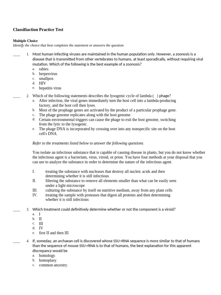 Classification Practice Test 75 Qs | PDF | Virus | Fungus