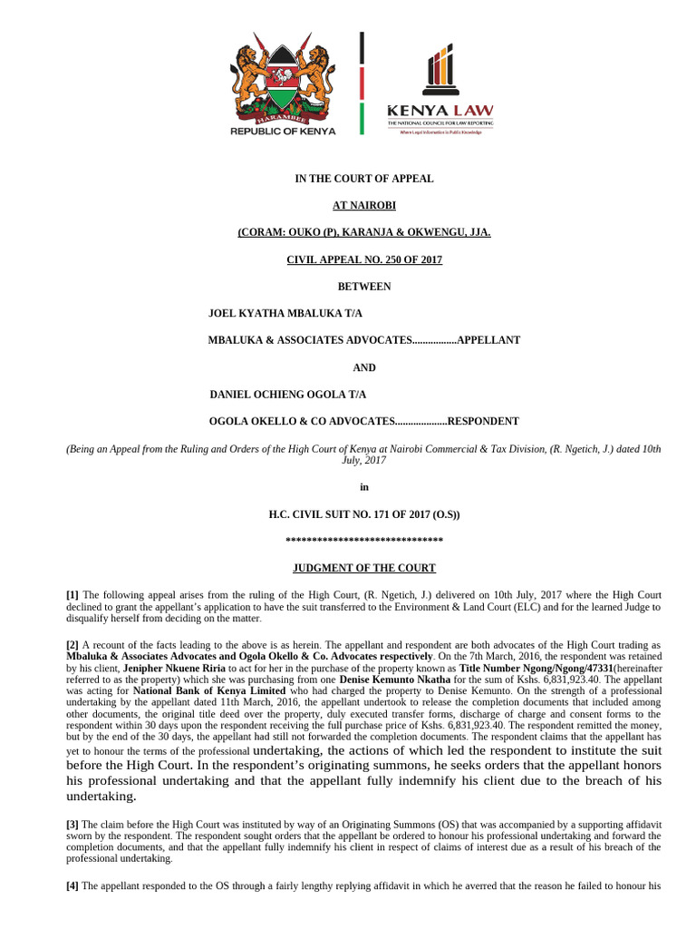 Joel Kyatha Mbaluka Ta Mbaluka Associates Advocates V Daniel Ochieng ...