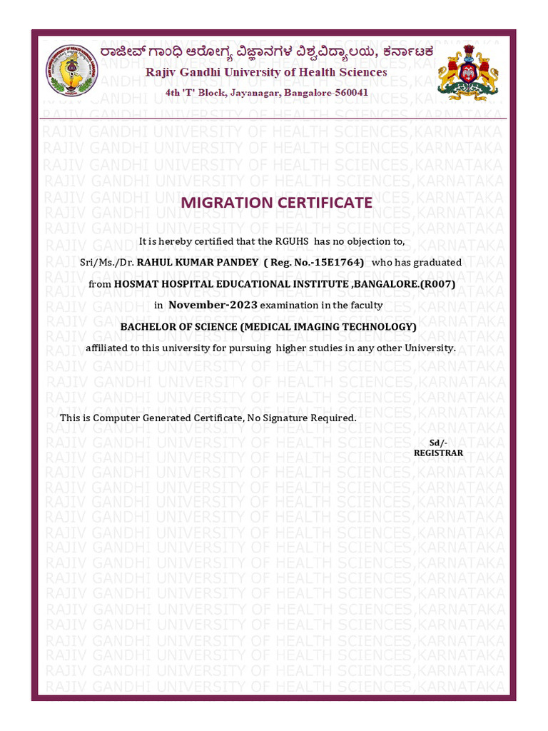 Migration Certificate RAHUL KUMAR PANDEY | PDF