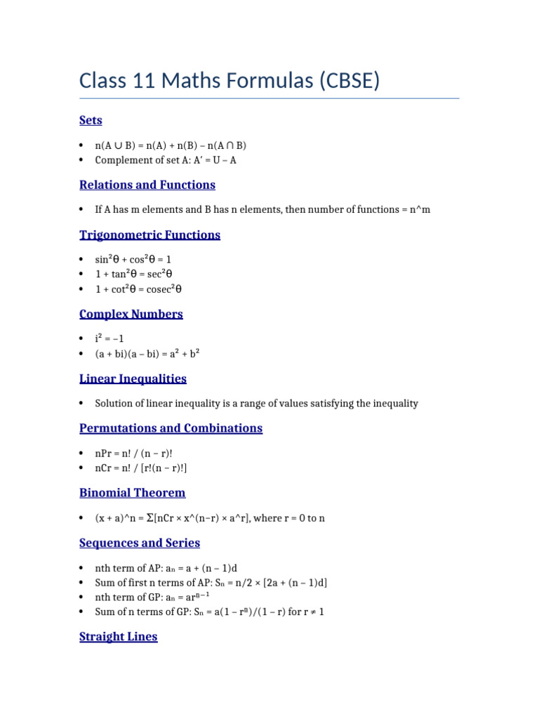 Class 11 Maths Formulas CBSE | PDF