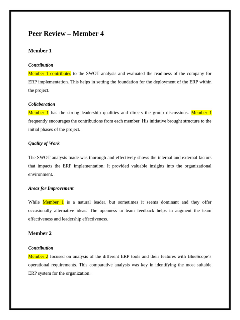 Peer Review and Self Reflection - Member 4 | PDF | Enterprise Resource ...