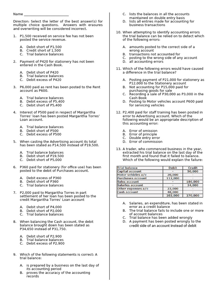 Trial Balance Review Quiz | PDF | Debits And Credits | Accounting