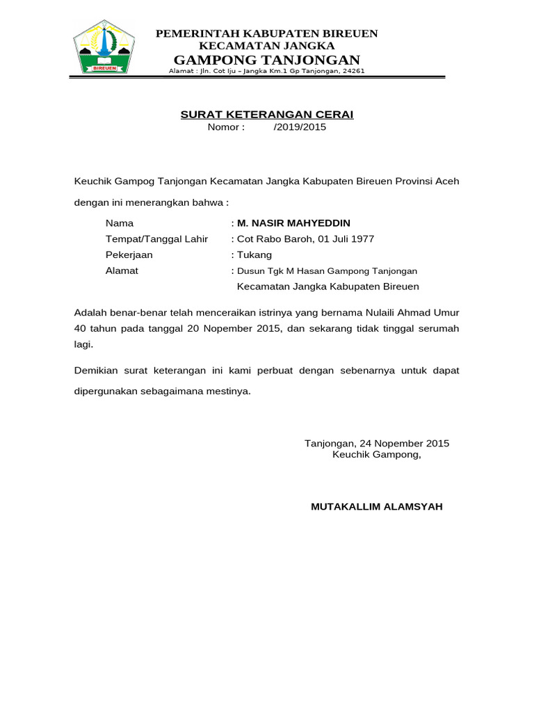Surat Keterangan Cerai M. Nasir Mahyeddin | PDF