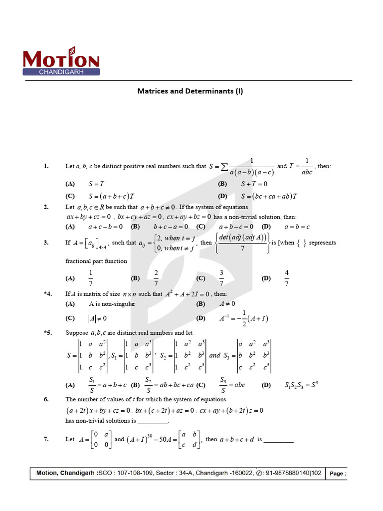 Matrices and Determinant - JEE Adv. Level-1 | PDF | Mathematical Objects | Algebra