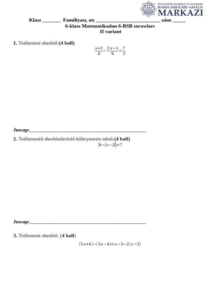 III Chorak 6-Klass Matematika Ixtisos 6 BSB Original II Variant | PDF