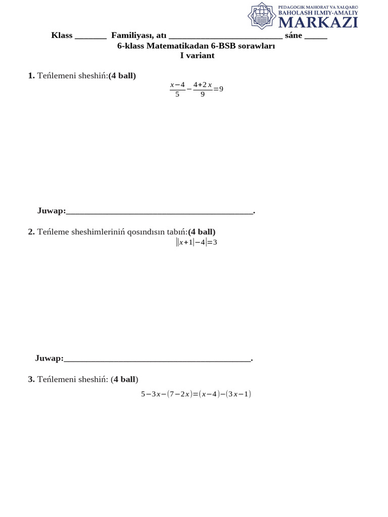 III Chorak 6-Klass Matematika Ixtisos 6 BSB Original I Variant | PDF