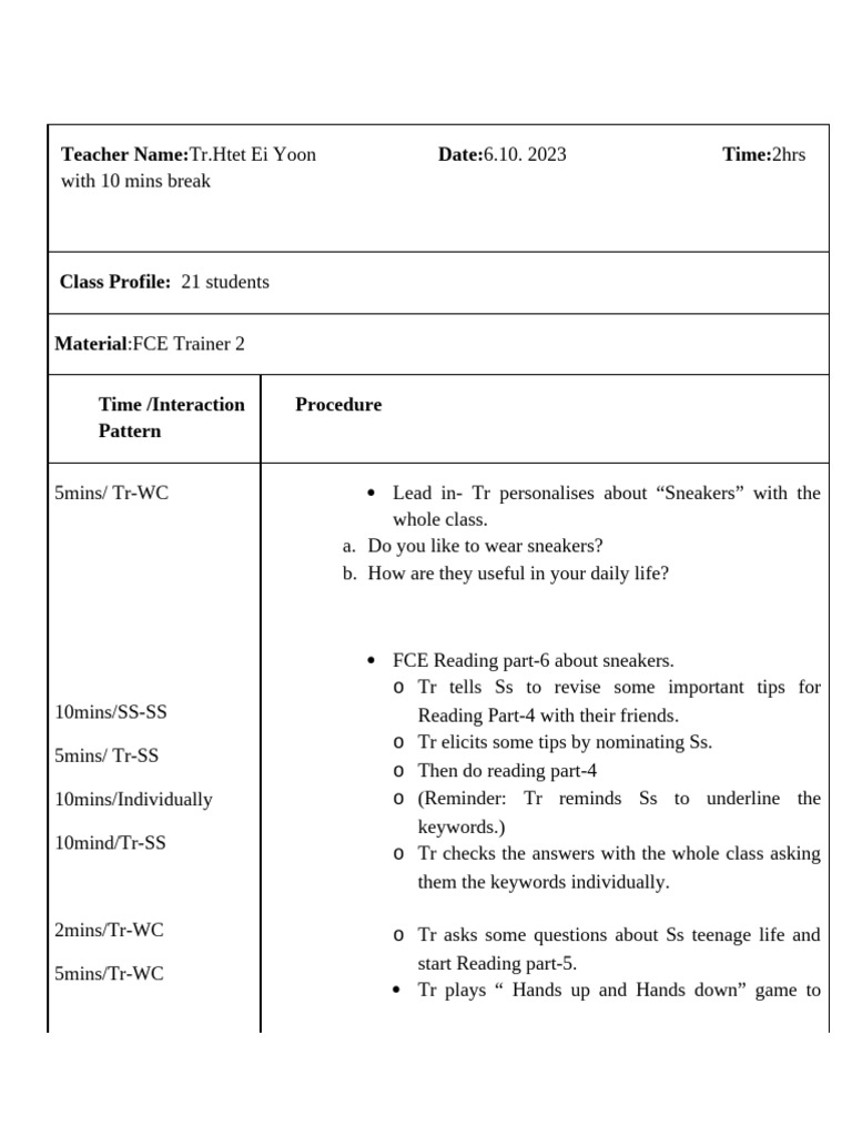 FCE Day-1 LEsson Plan | PDF