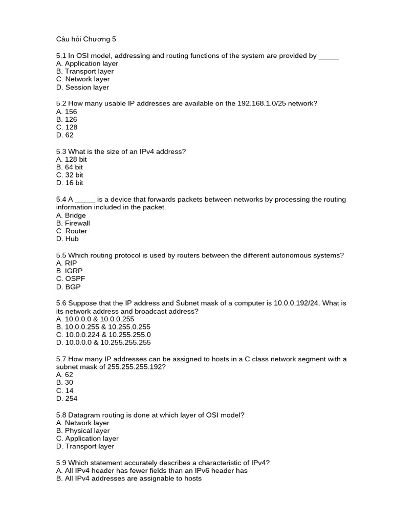 Câu Hỏi Chương 5 | PDF | Internet Protocols | Ip Address