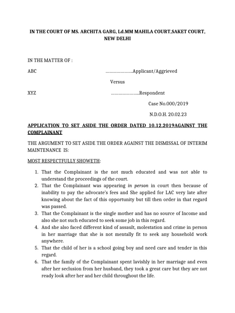 Application To Set Aside Order of Dismissal of Interim Maintenace ...