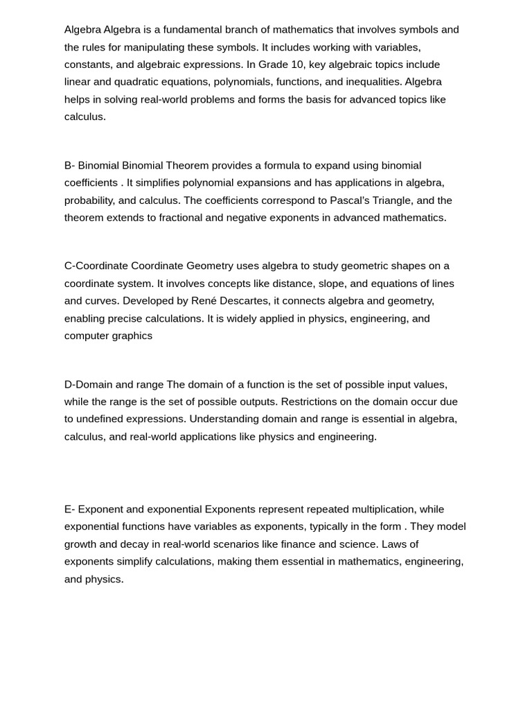 Algebra Algebra Is A Fundamental Branch of Mathematics That Involves ...