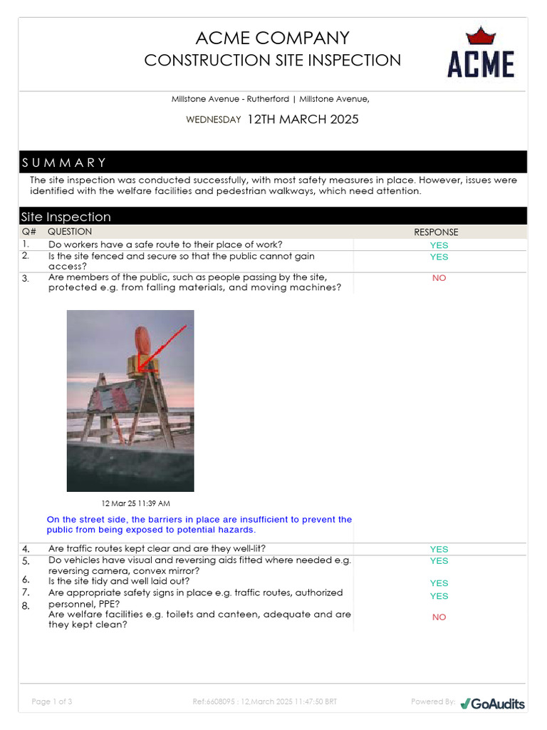 Site Inspection Report Goaudits | PDF | Safety | Occupational Safety ...