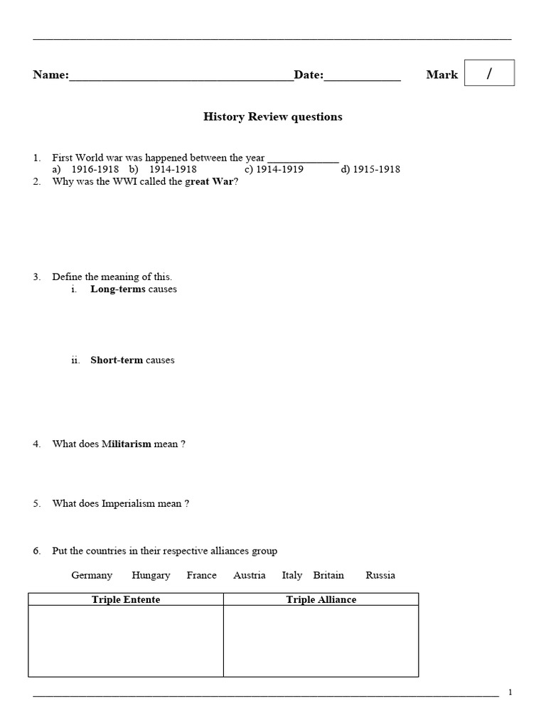 WWI History Review Questions Guide | PDF | World War I | German Empire