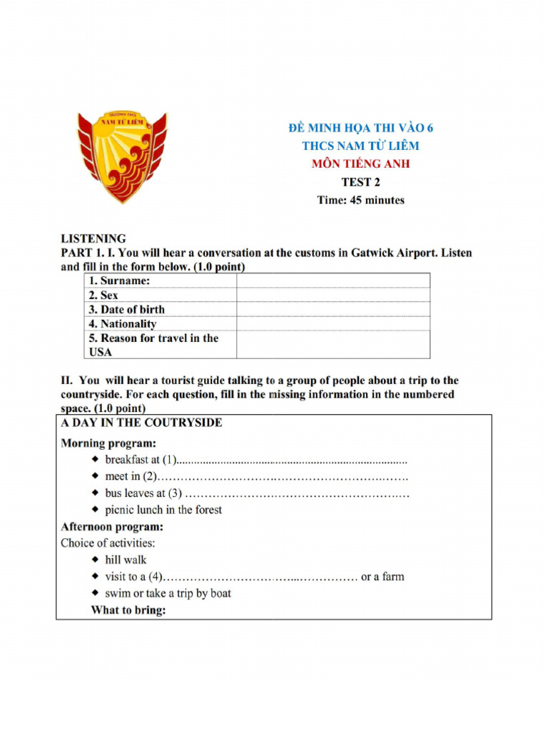 Đề minh họa NTL 01 | PDF