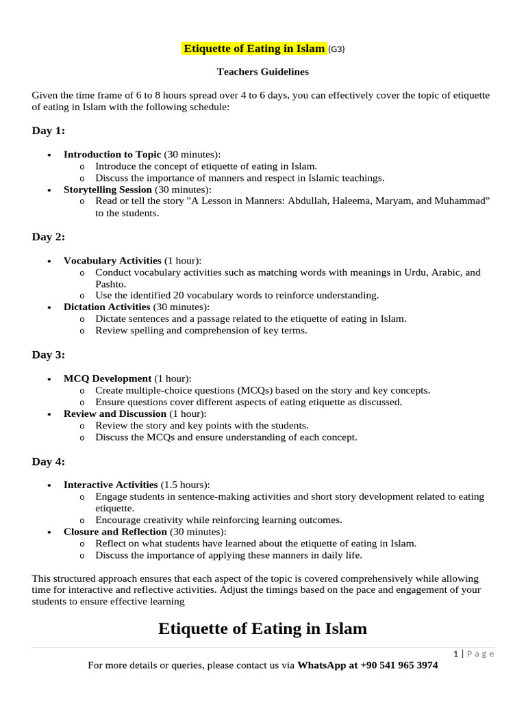 Etiquette of Eating in Islam For Up To Grade 3 Level Printed For Home ...