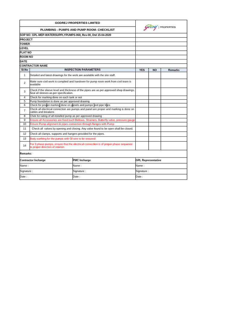 Checklist For Pumps and Pump Room | PDF