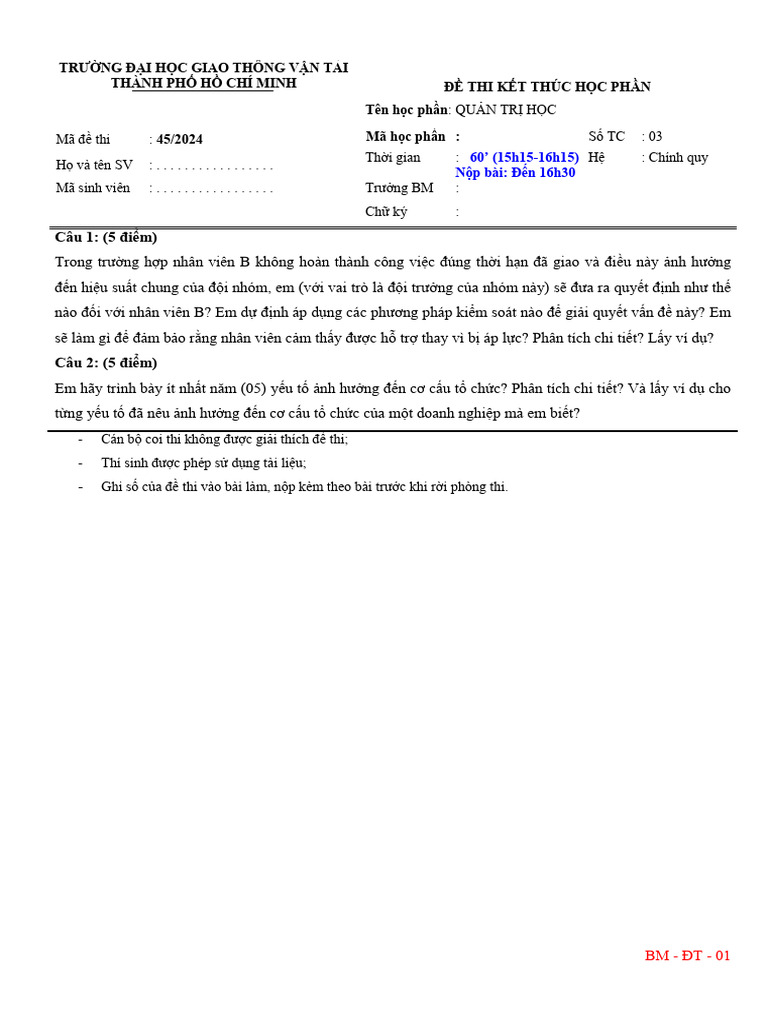 Đề Mới Năm 2024 - QTH - 45 | PDF