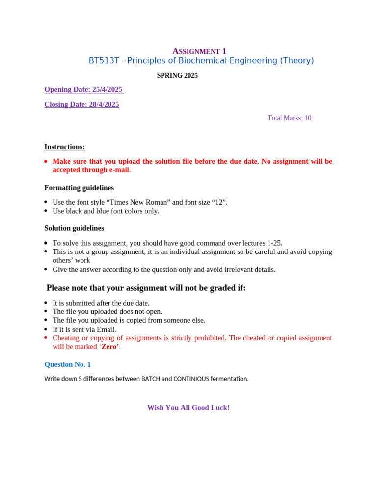 Biochemical Engineering Assignment Guide | PDF