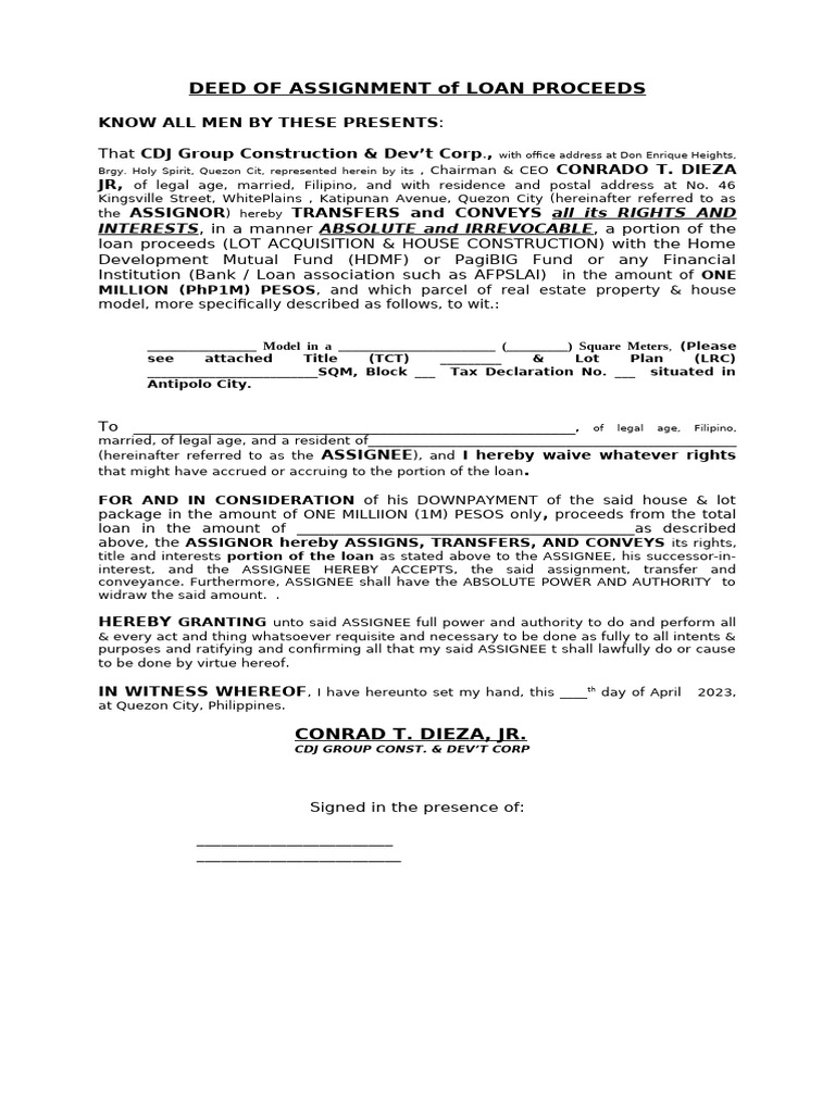Deed of Assignment of Loan Proceeds | PDF | Assignment (Law) | Contract Law
