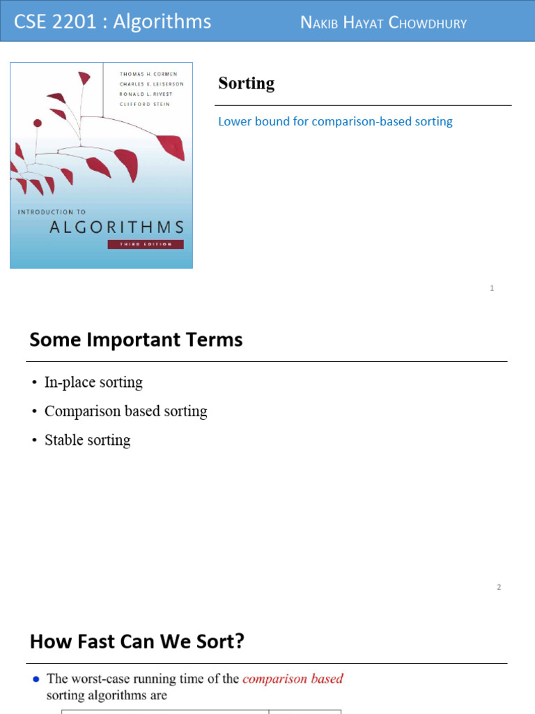 CSE 2201: Algorithms: Sorting | PDF