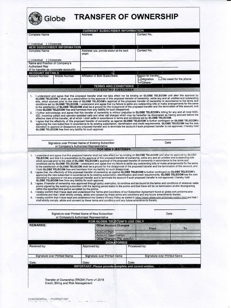 Globe Transfer of Ownership Form | PDF