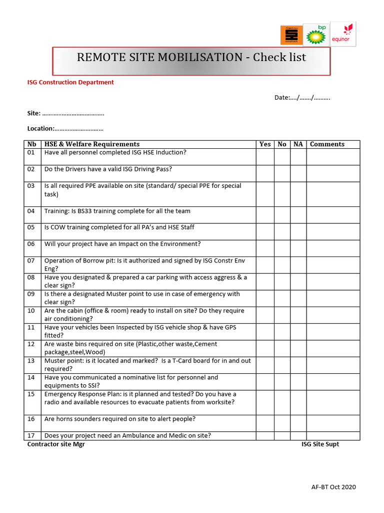 Remote Site Mobilisation - Check List | PDF