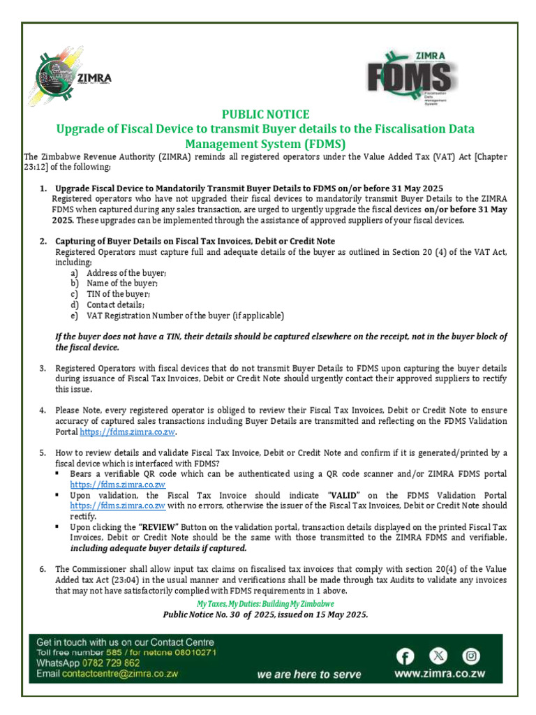 Public Notice 30 of 2025 Buyer Details On FDMS Fiscal Tax Invoice | PDF | Invoice | Value Added Tax