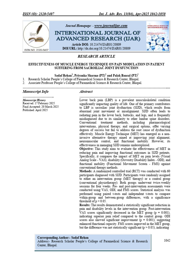 EFFECTIVENESS OF MUSCLE ENERGY TECHNIQUE ON PAIN MODULATION IN PATIENT ...