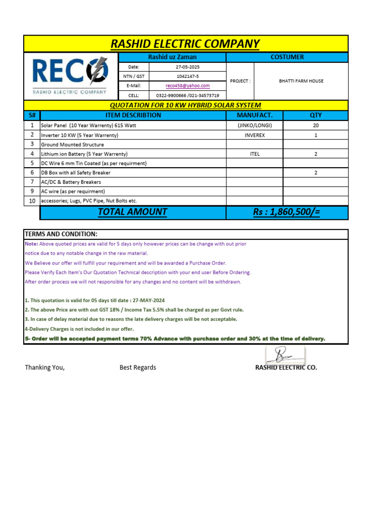Quotation For 10 KW Hybrid Solar System (Bhatti Farm House) | PDF ...