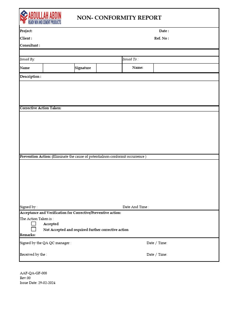 AAF-QA-GF-008 - Non-Conformity Report | PDF