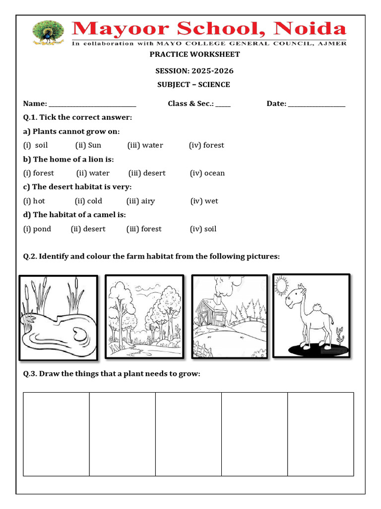 Science Class-I Practice Worksheet | PDF
