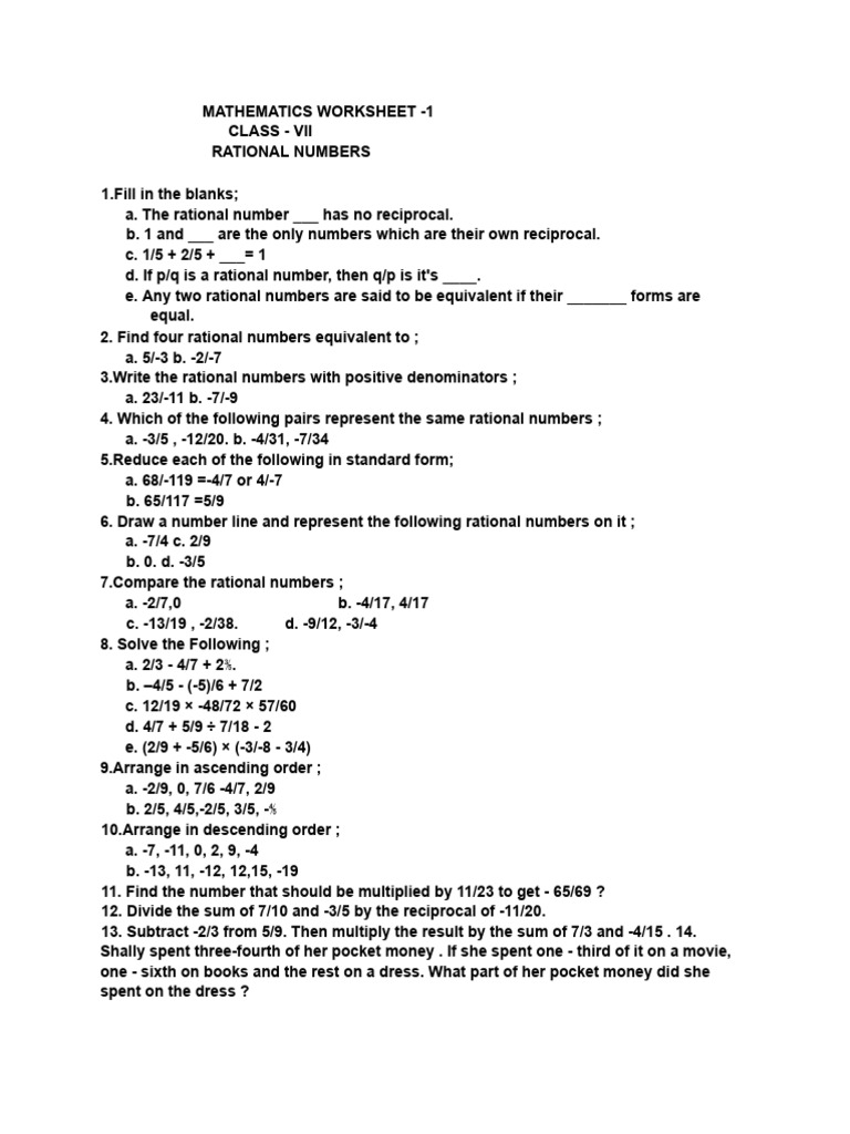 Maths Worksheet Class 7 | PDF