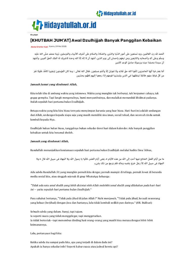 (KHUTBAH JUM'at) Awal Dzulhijjah Banyak Panggilan Kebaikan - Website ...